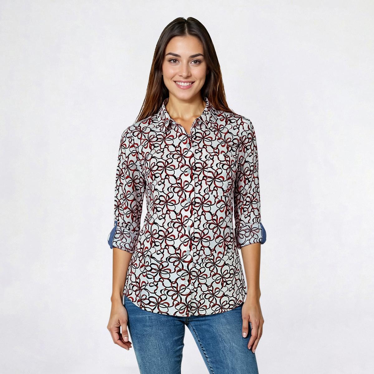 Nautica Jeans Womens Ribbon-Print Utility Shirt - Bright White Multi